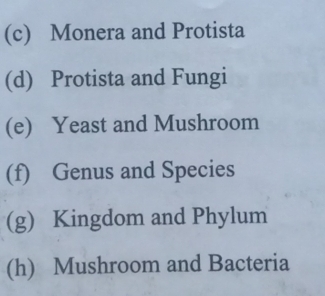 Solved: Monera and Protista (d) Protista and Fungi (e) Yeast and ...