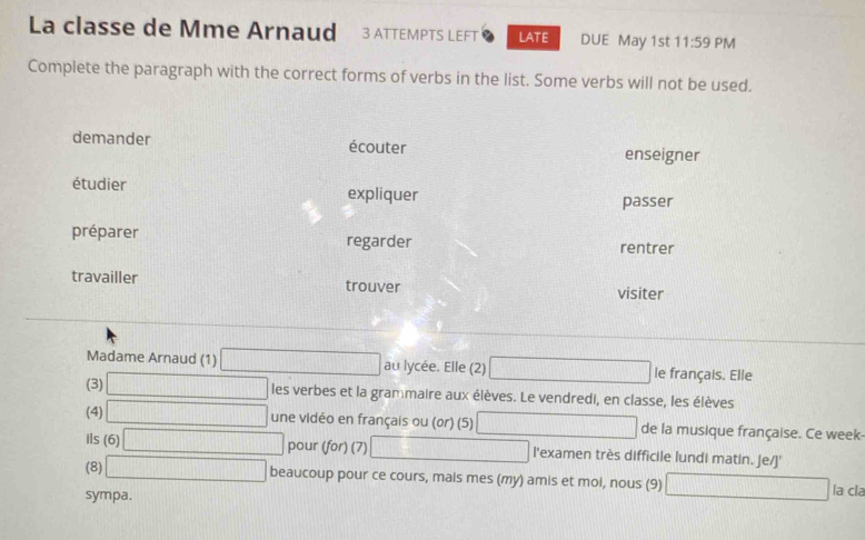 Solved: La classe de Mme Arnaud 3 ATTEMPTS LEFT LATE DUE May 1st 11:59 ...