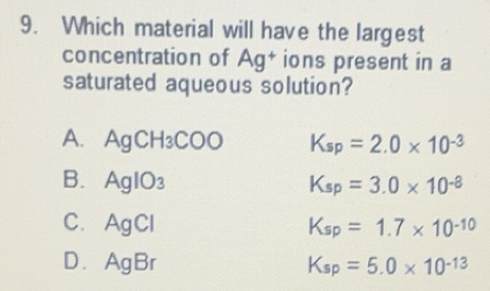 Solved: Which material will have the largest concentration of Ag^+ ions ...