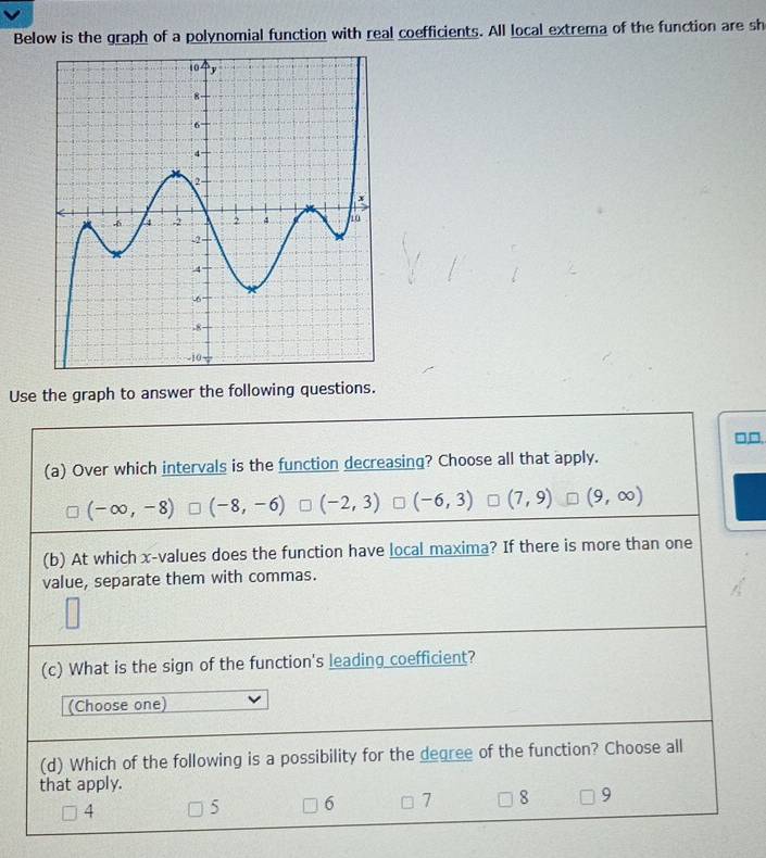 Solved: Below is the graph of a polynomial function with real coefficients. All local extrema of ...