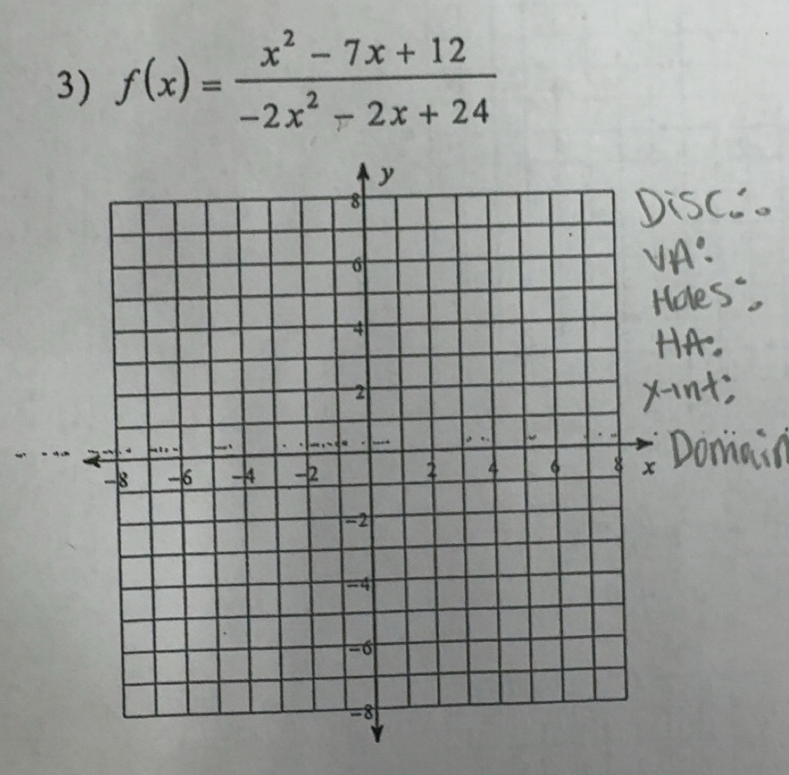 Solved: f(x)= (x^2-7x+12)/-2x^2-2x+24 [Math]