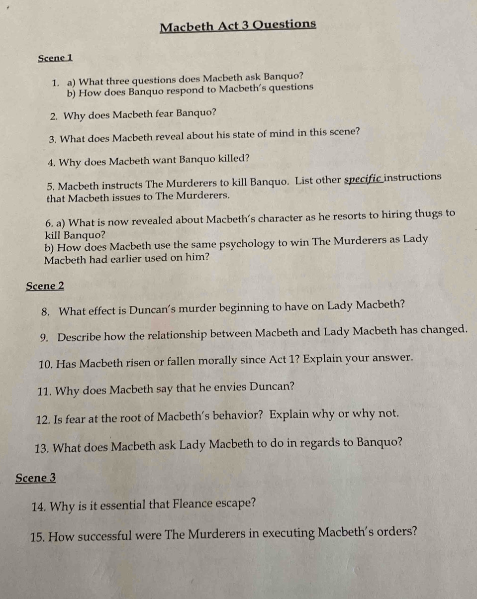 Solved: Macbeth Act 3 Ouestions Scene 1 1. a) What three questions does ...