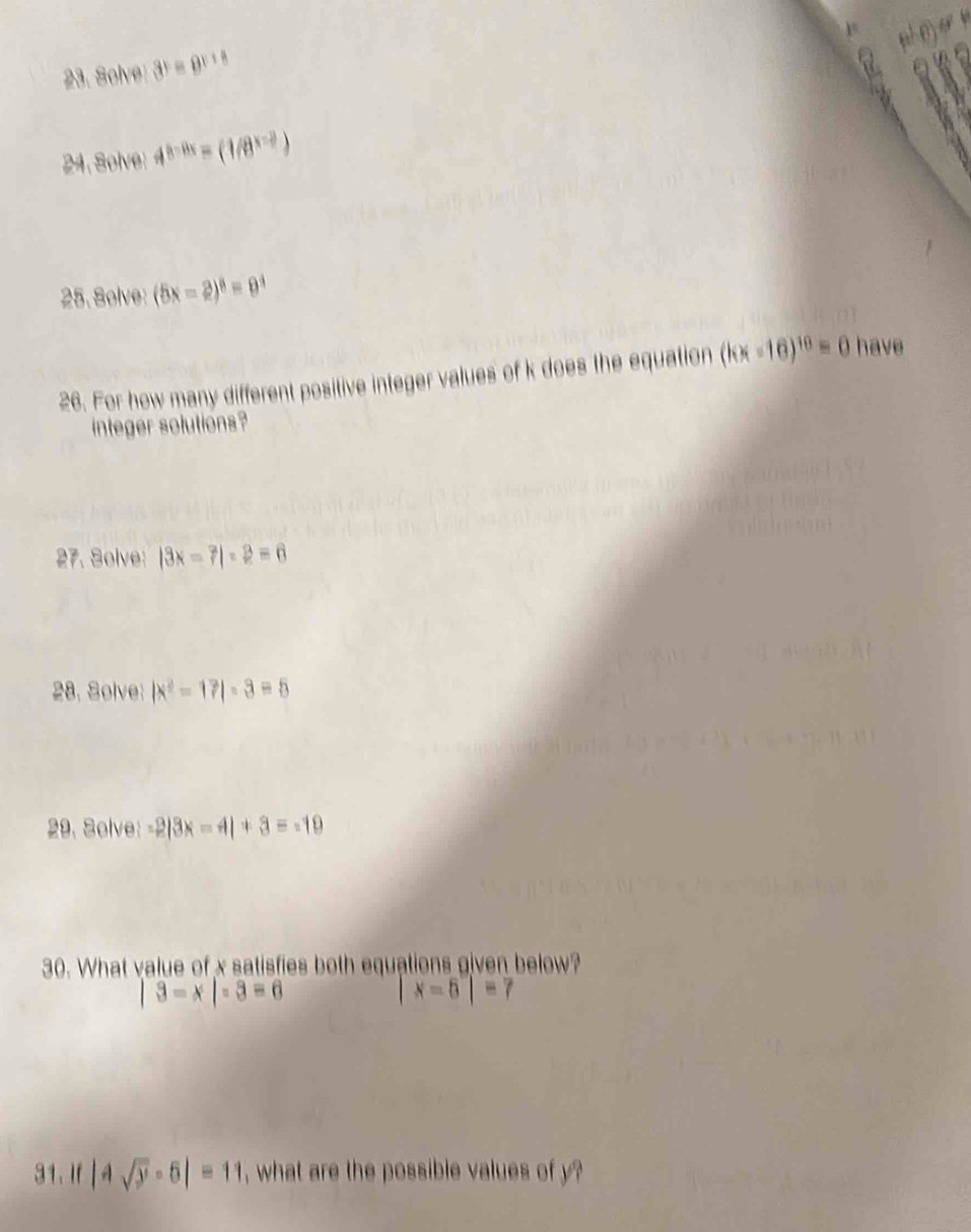 Solved: Solve 3^y=9^(y+8) 24. Solve: 4^(8-8x)=(1/8^(x-2)) 25. Solve ...