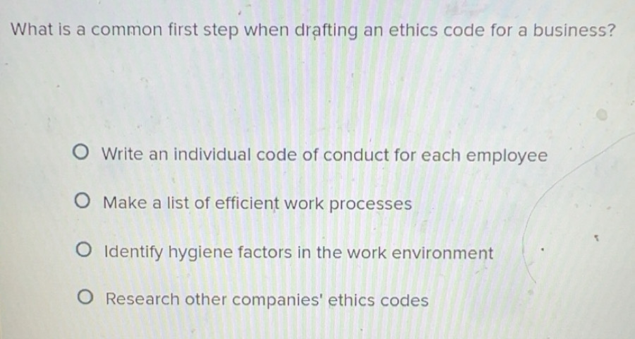 Solved: What is a common first step when drafting an ethics code for a ...