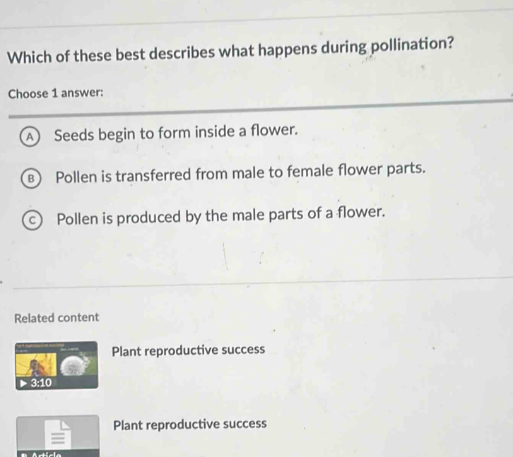 Solved: Which of these best describes what happens during pollination ...
