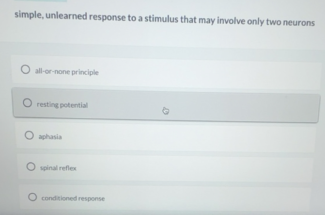 Solved: simple, unlearned response to a stimulus that may involve only ...