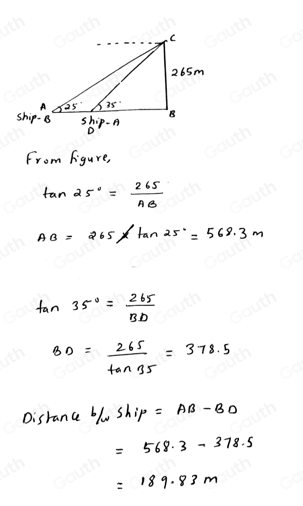 Solved: From a plane flying due east at 265 m above sea level, the ...