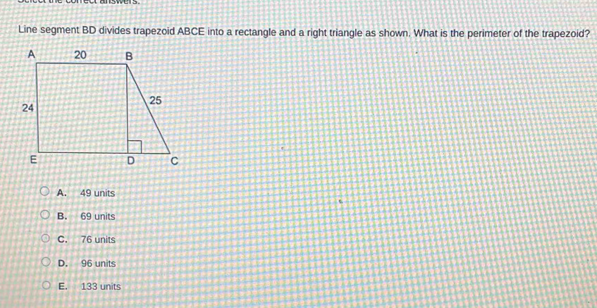 Solved: Line segment BD divides trapezoid ABCE into a rectangle and a ...