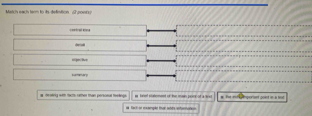 Solved: Match each term to its definition. (2 points) centrail idea detail objective summary ...