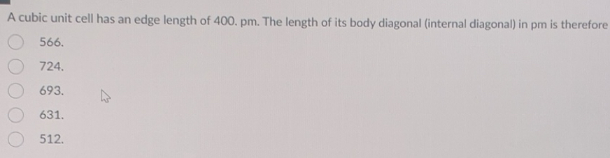 Solved: A cubic unit cell has an edge length of 400. pm. The length of ...