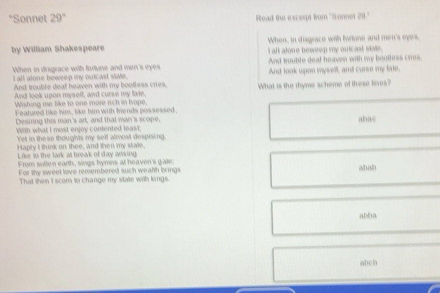 Solved: "Sonnet 29º Read the excerpt from ''Sonnet 29.'' by William ...