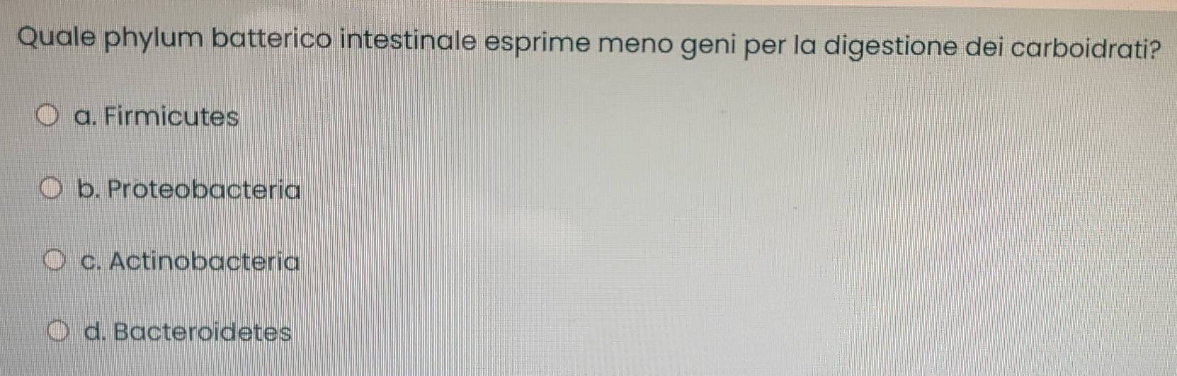 Risolto:Quale phylum batterico intestinale esprime meno geni per la ...
