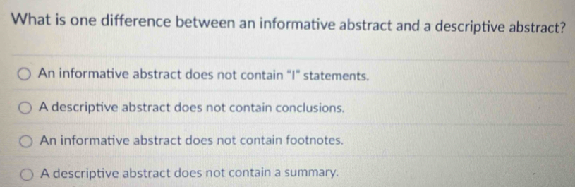 Solved: What is one difference between an informative abstract and a ...