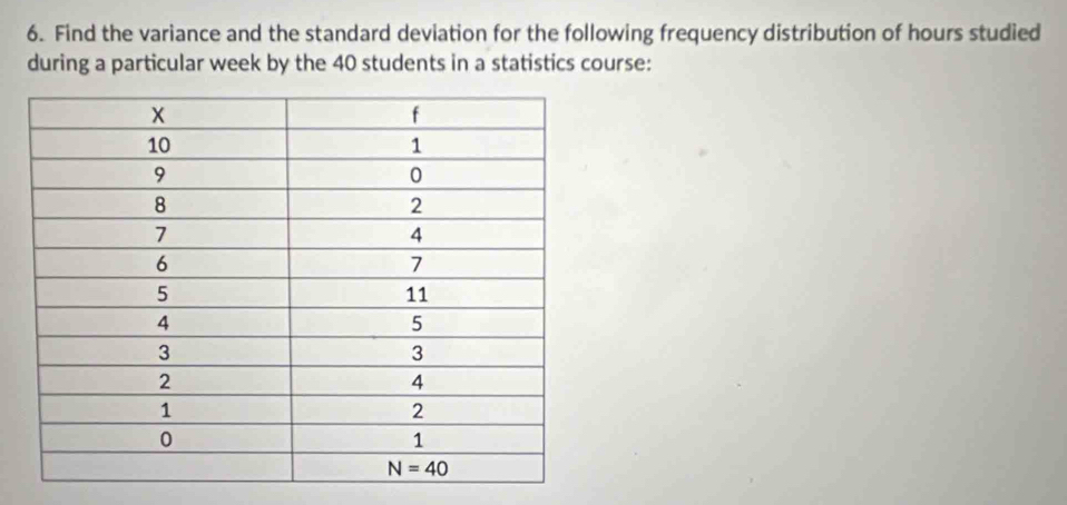 Solved: Find the variance and the standard deviation for the following frequency distribution of ...