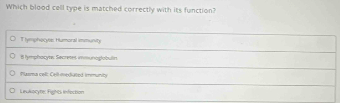 Solved: Which blood cell type is matched correctly with its function? T ...