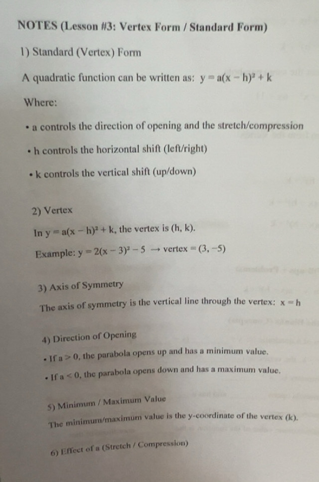 Solved: NOTES (Lesson #3: Vertex Form / Standard Form) 1) Standard ...