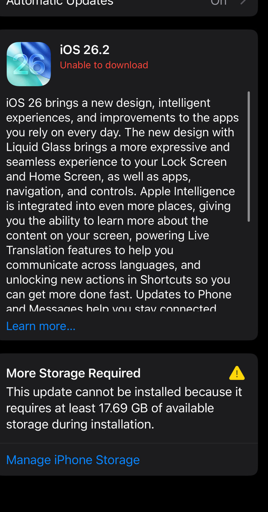Solved: Automatic Opuates iOS 26.2 26 Unable to download iOS 26 brings ...