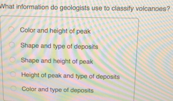 Solved: What information do geologists use to classify volcanoes? Color ...