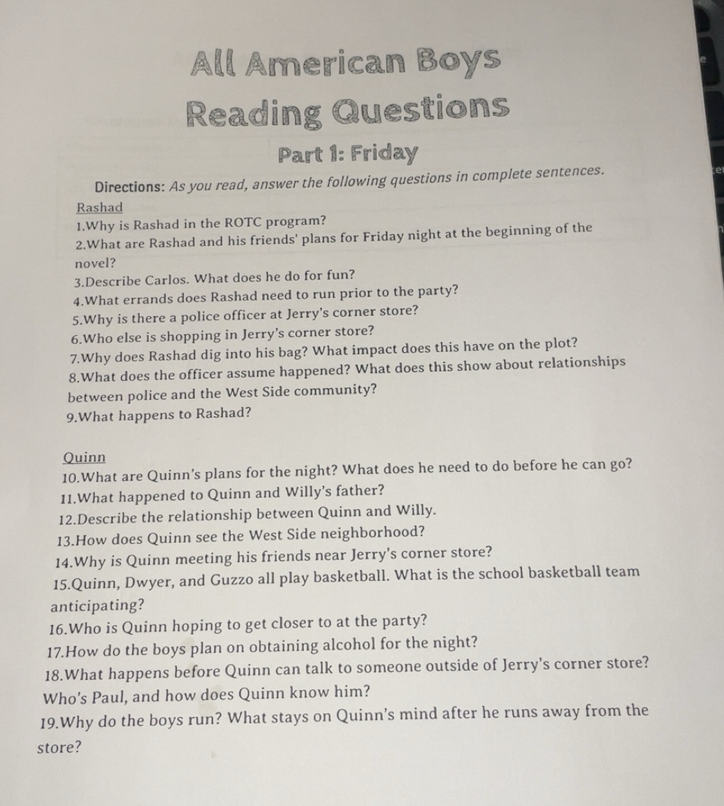 Solved: All American Boys Reading Questions Part 1: Friday Directions ...