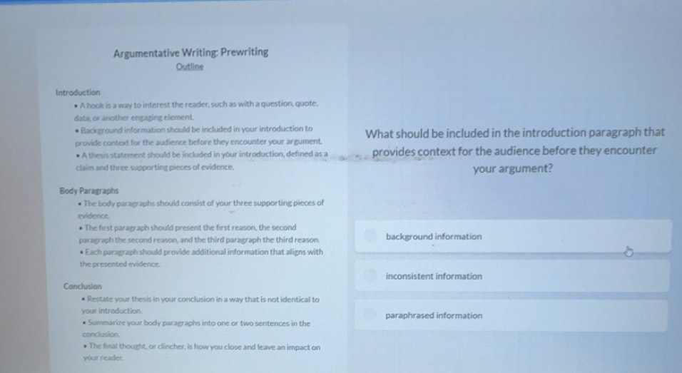 Risolto:Argumentative Writing: Prewriting Outline Introduction • A hook ...