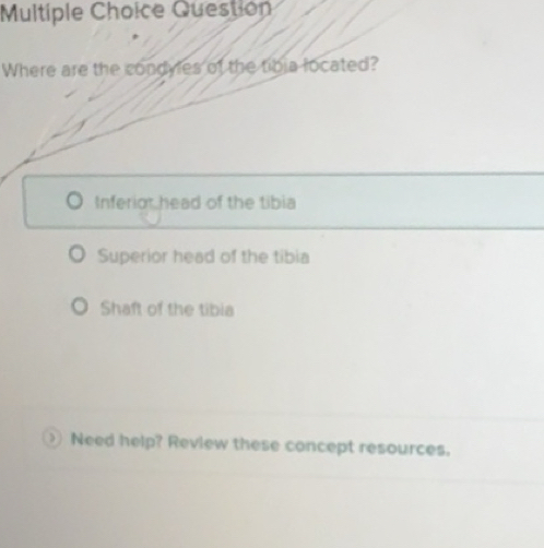Solved: Question Where are the condyles of the tibia located? Inferior ...