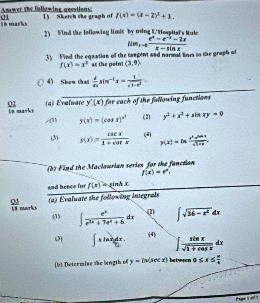 تم الحل:Answer the following questions: 01 1) Sketch the graph of f(x ...