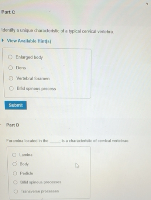 Solved: Identify a unique characteristic of a typical cervical vertebra ...