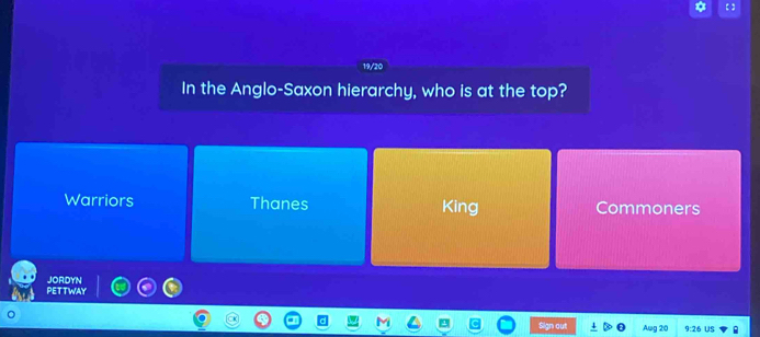 Solved: 19/20 In the Anglo-Saxon hierarchy, who is at the top? Warriors ...