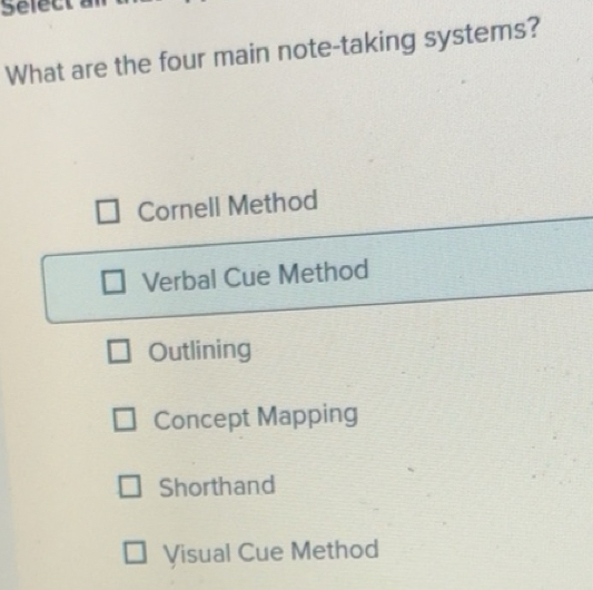 Solved: Select a What are the four main note-taking systems? Cornell ...