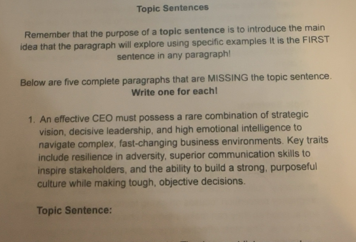 Solved: Topic Sentences Remember that the purpose of a topic sentence ...