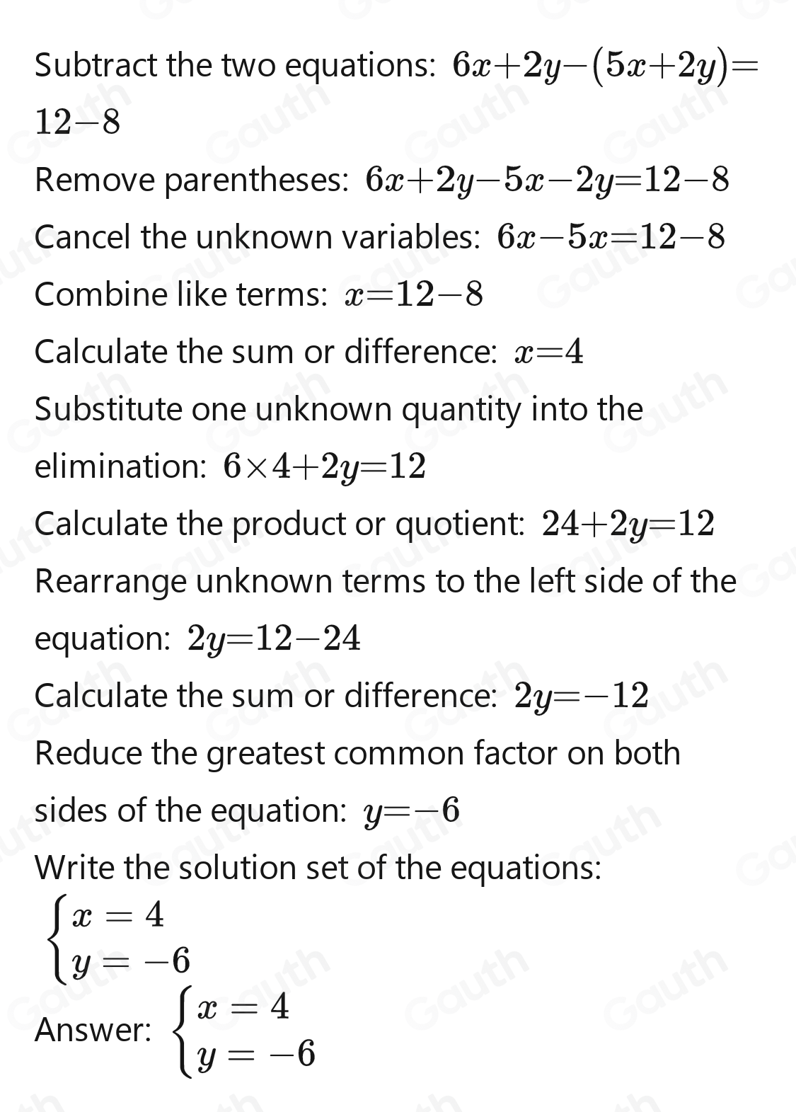 Solved: Solve the simultaneous equations 6x+2y=12 5x+2y=8 [Math]