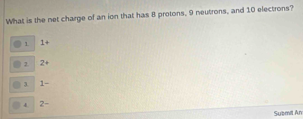 Solved: What is the net charge of an ion that has 8 protons, 9 neutrons ...