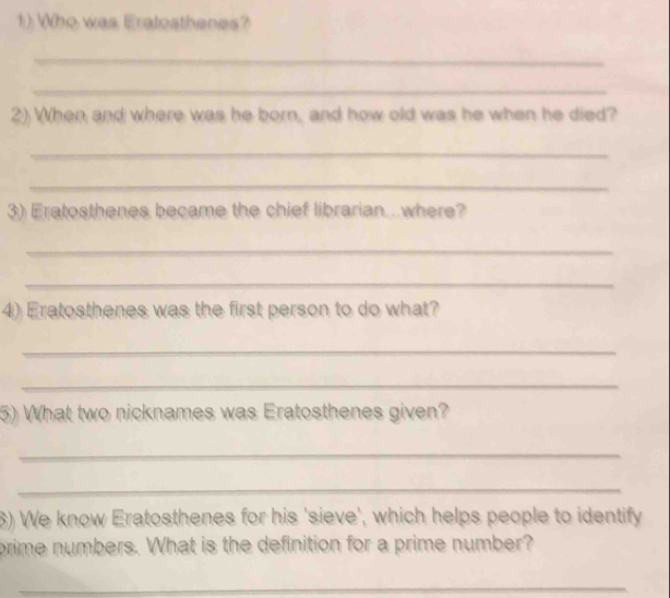 Solved: Who was Eratoathenes? _ _ 2) When and where was he born, and ...