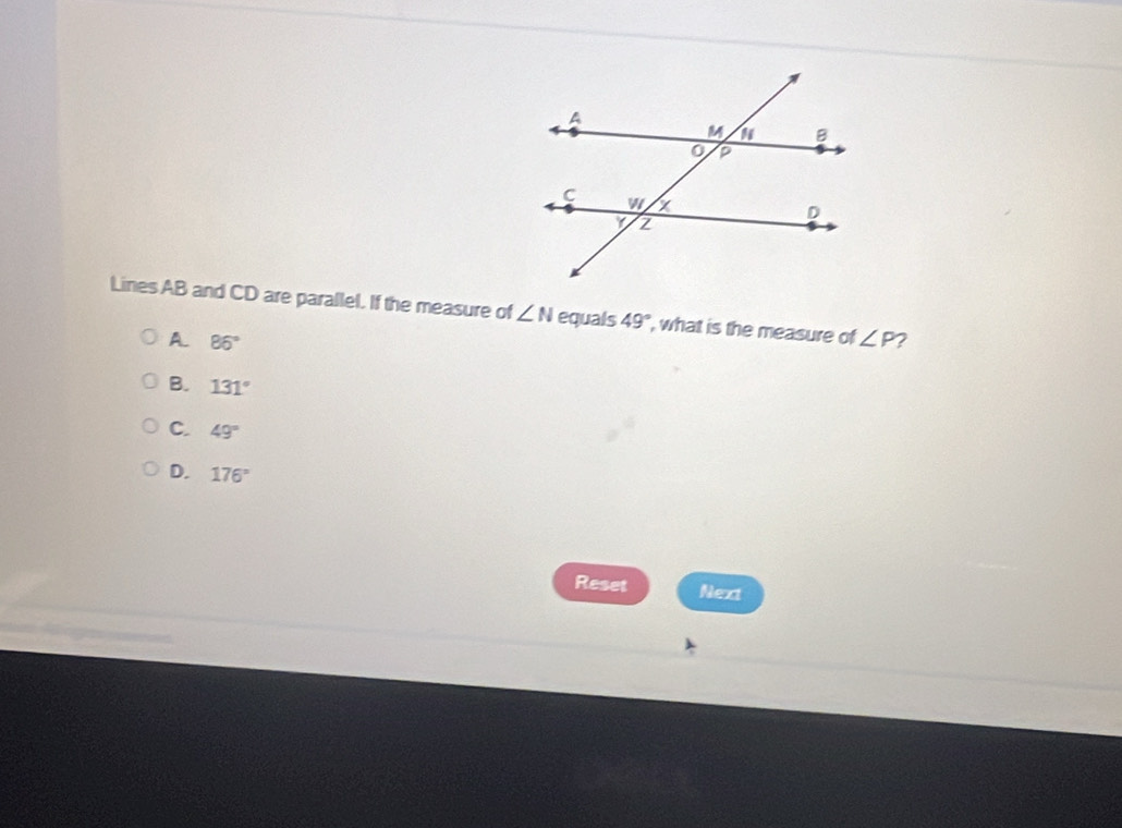 Solved: Lines AB and CD are parallel. If the measure of ∠ N equals 49 ...