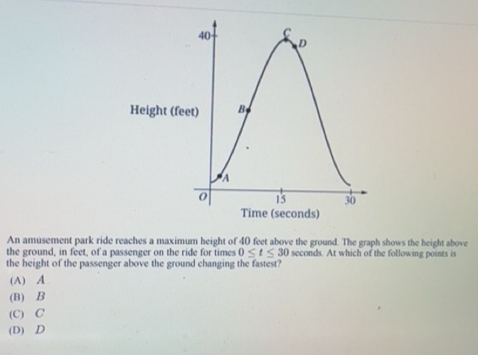 Solved: 40 c D Height (feet) B A 15 30 Time (seconds) An amusement park ...
