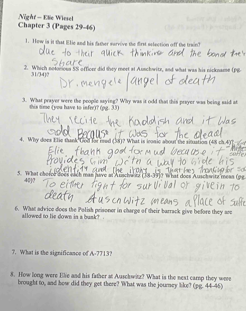 Solved: Night - Elie Wiesel Chapter 3 (Pages 29-46) 1. How is it that ...