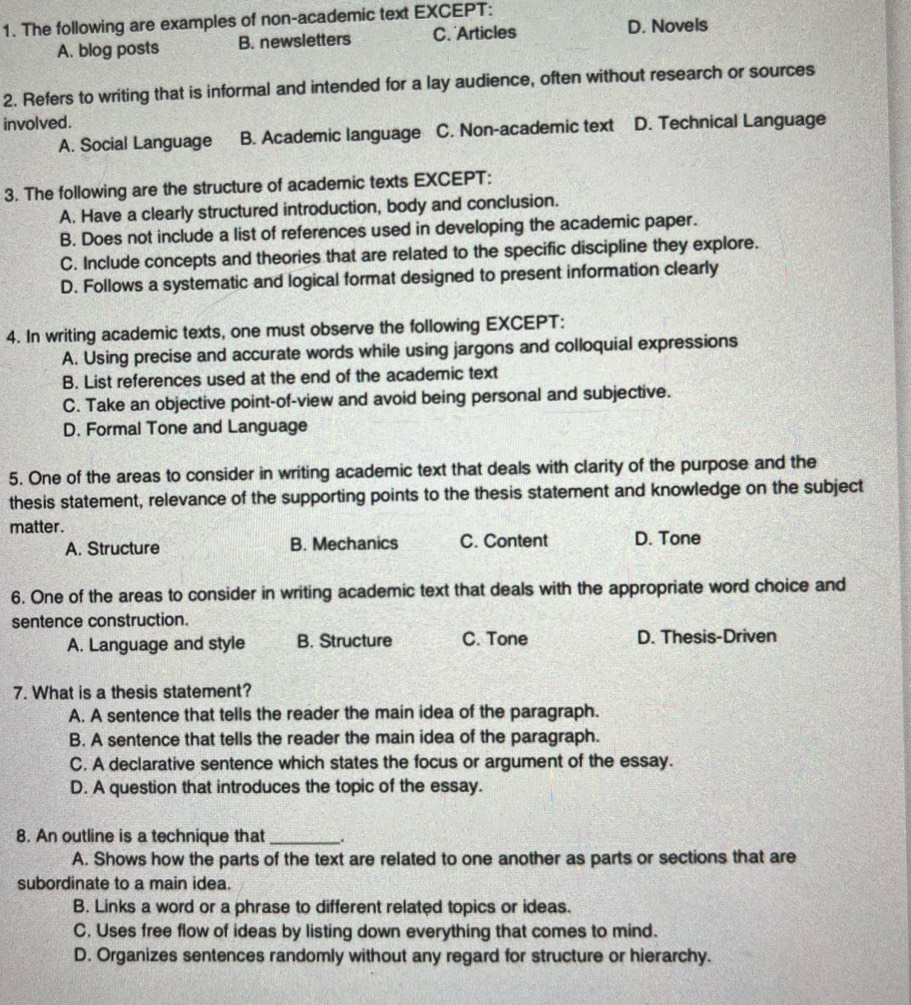 Solved: The following are examples of non-academic text EXCEPT: D ...