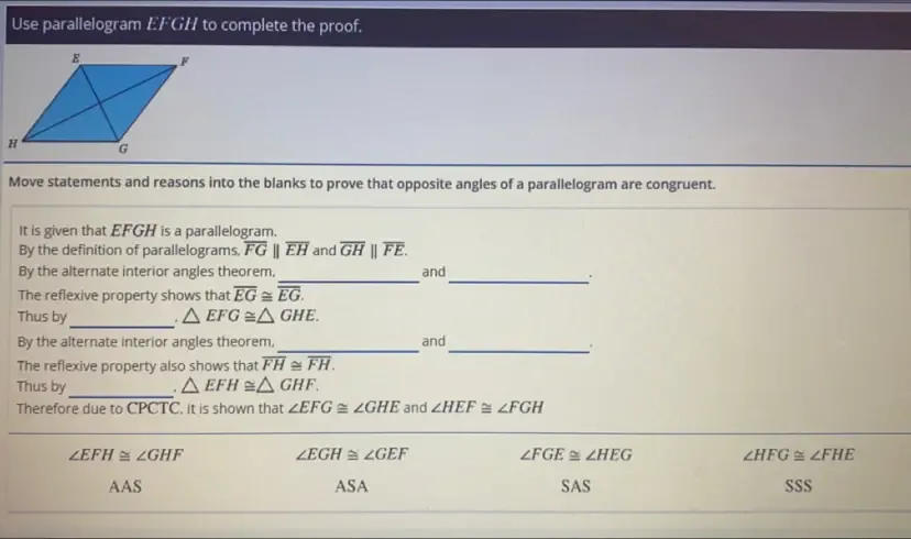 تم الحل:Use parallelogram EFGH to complete the proof. Move statements ...