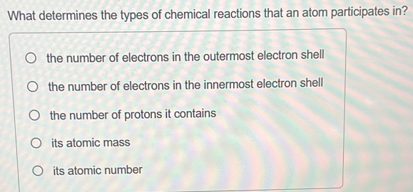 Solved: What determines the types of chemical reactions that an atom ...