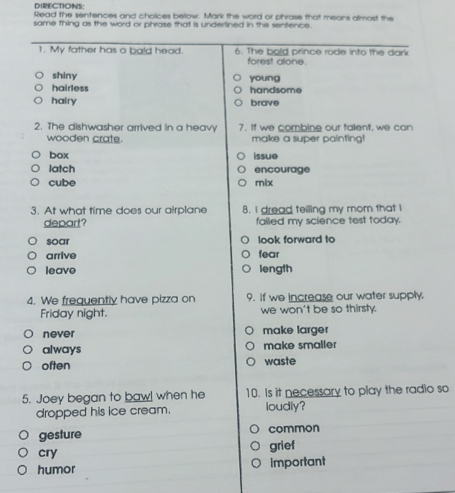 Solved: DIRECTIONS: Read the sentences and cholces below. Mark the word ...