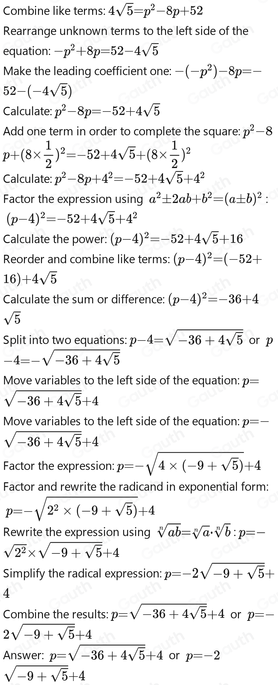 Solved: 4 sqrt(5)=p^2-8 p+16+36 [Math]