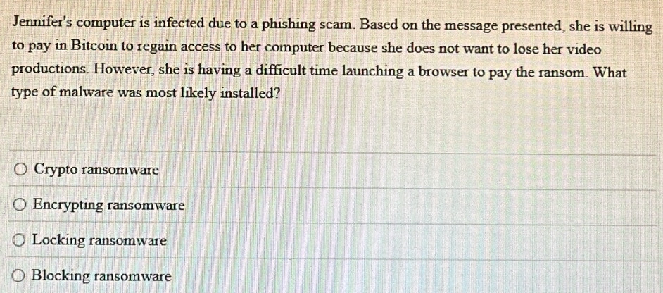 Solved: Jennifer's computer is infected due to a phishing scam. Based ...
