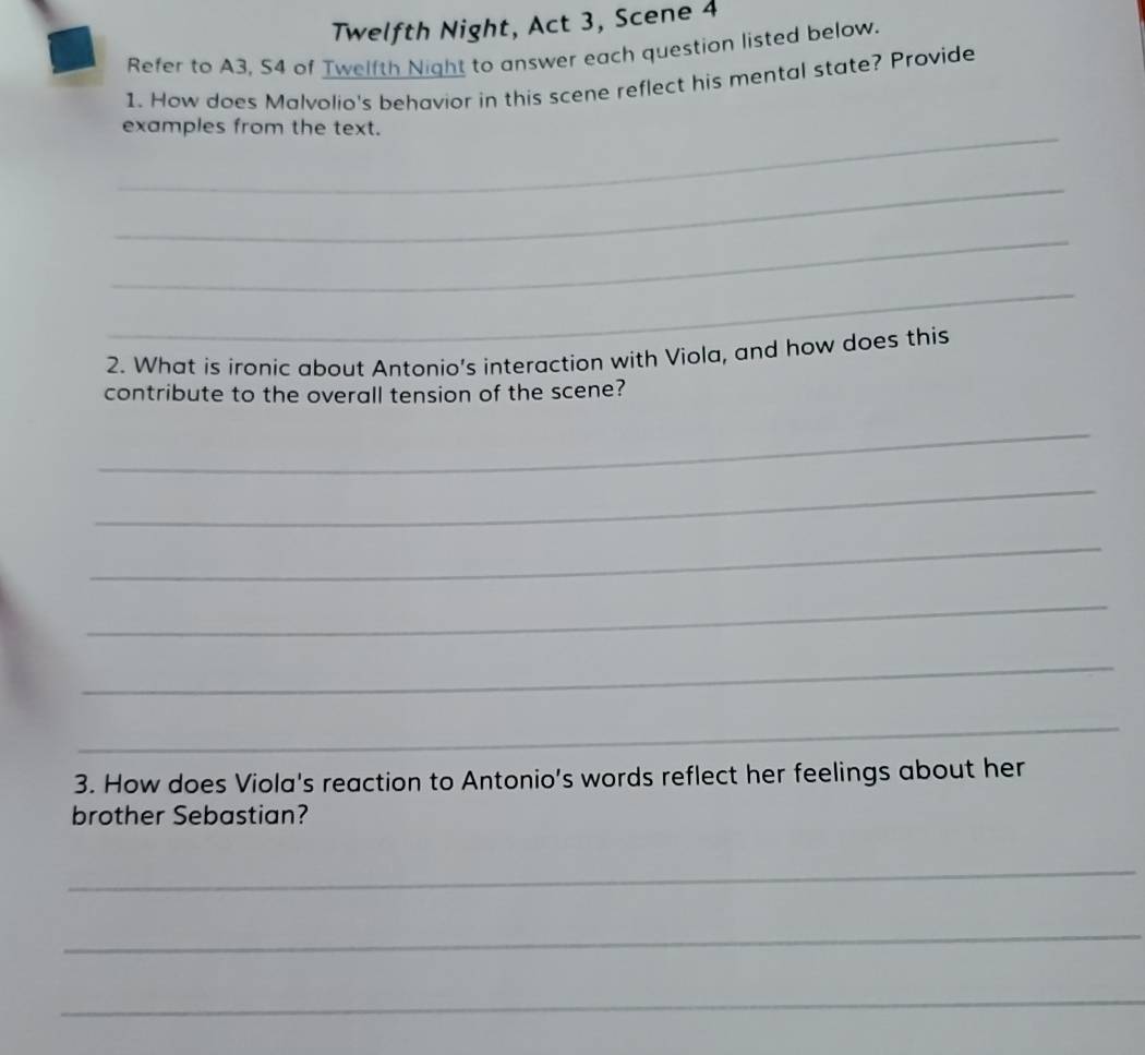 Solved: Twelfth Night, Act 3, Scene 4 Refer to A3, S4 of Twelfth Night ...