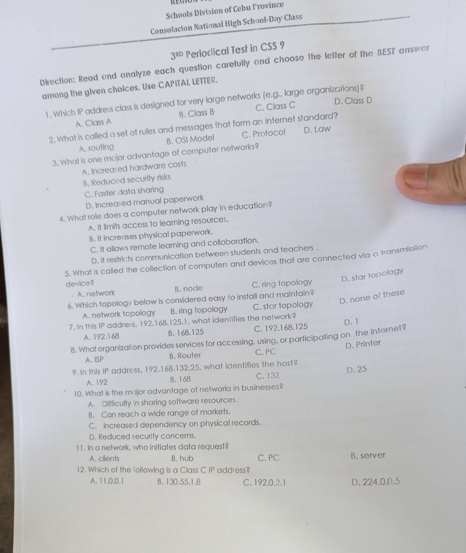 Solved: Schools Division of Cebu Province Consolacion National High ...