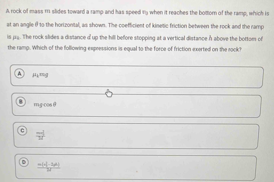 Solved: A rock of mass m slides toward a ramp and has speed v_0 when it ...