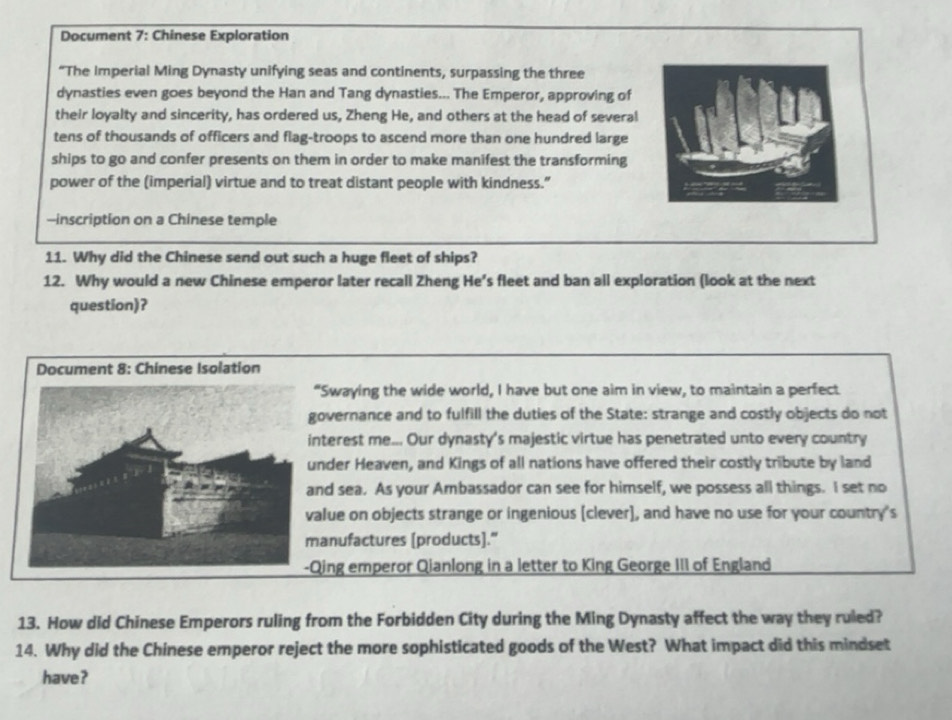 Solved: Document 7: Chinese Exploration “The Imperial Ming Dynasty ...