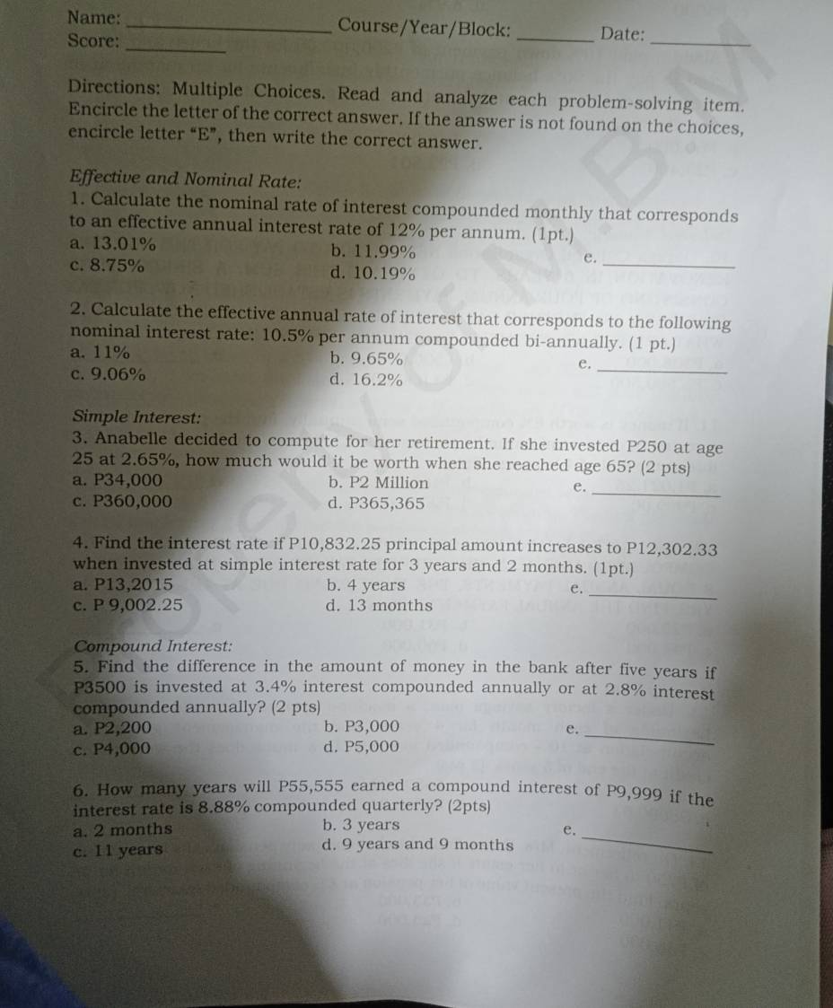 Solved: Name: _Course/Year/Block: _ Score: _Date:_ Directions: Multiple ...