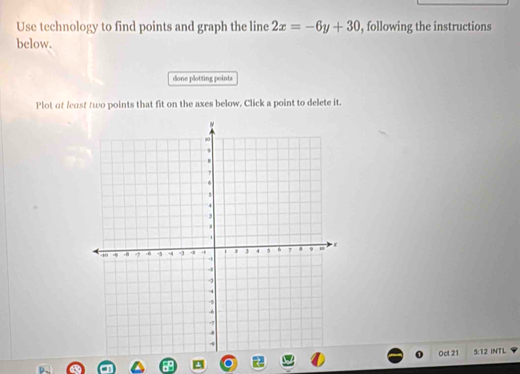 Solved: Use technology to find points and graph the line 2x=-6y+30 ...