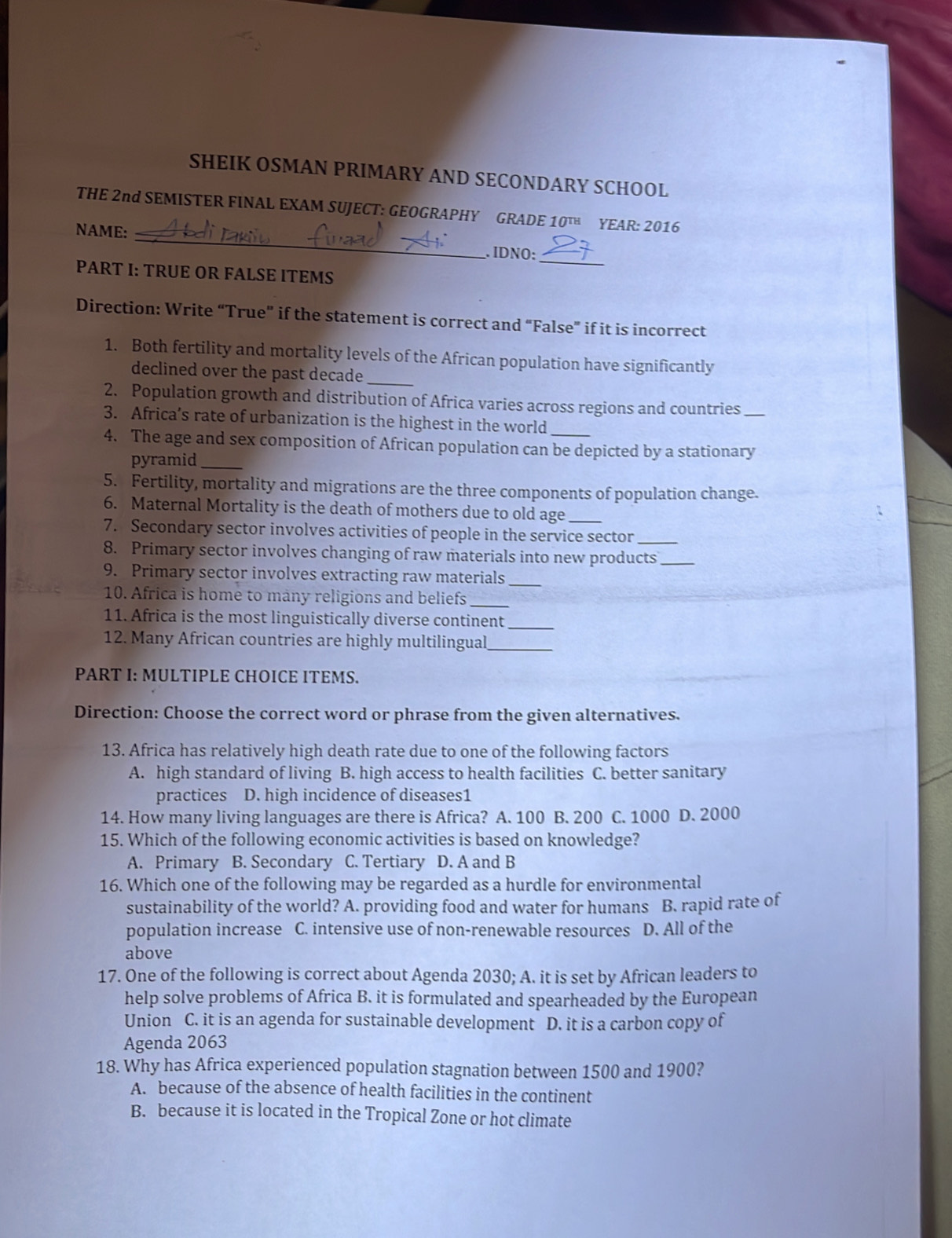 Solved: SHEIK OSMAN PRIMARY AND SECONDARY SCHOOL THE 2nd SEMISTER FINAL ...