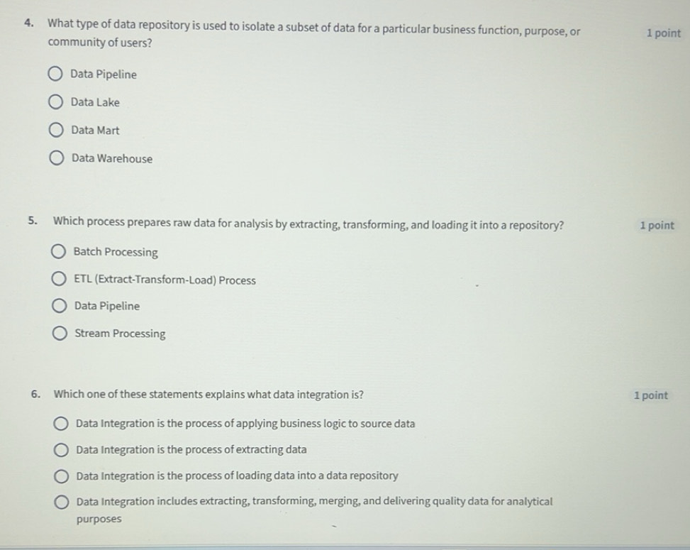 Solved: What type of data repository is used to isolate a subset of ...